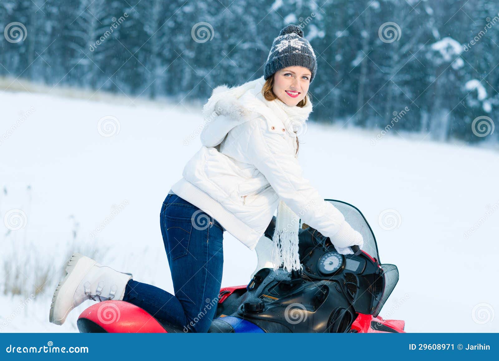 Woman and snowmobile stock image. Image of seasonal, leisure - 29608971