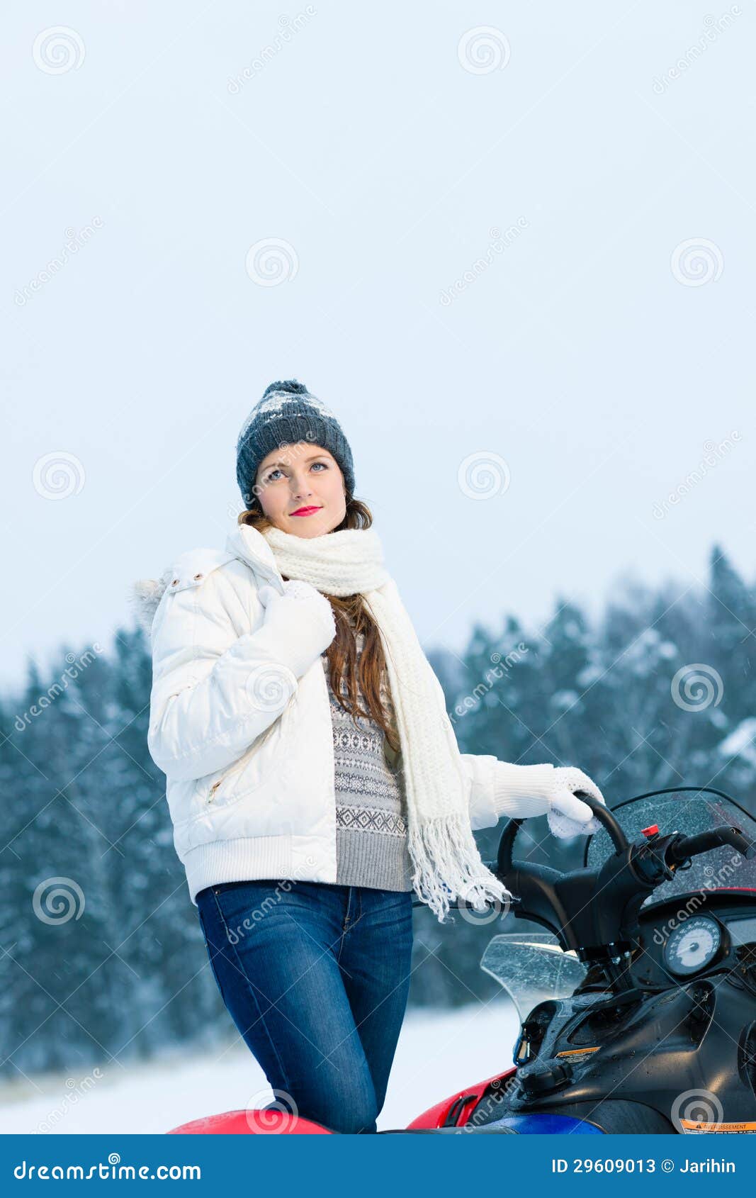 Woman and snowmobile stock image. Image of brunette, attractive - 29609013