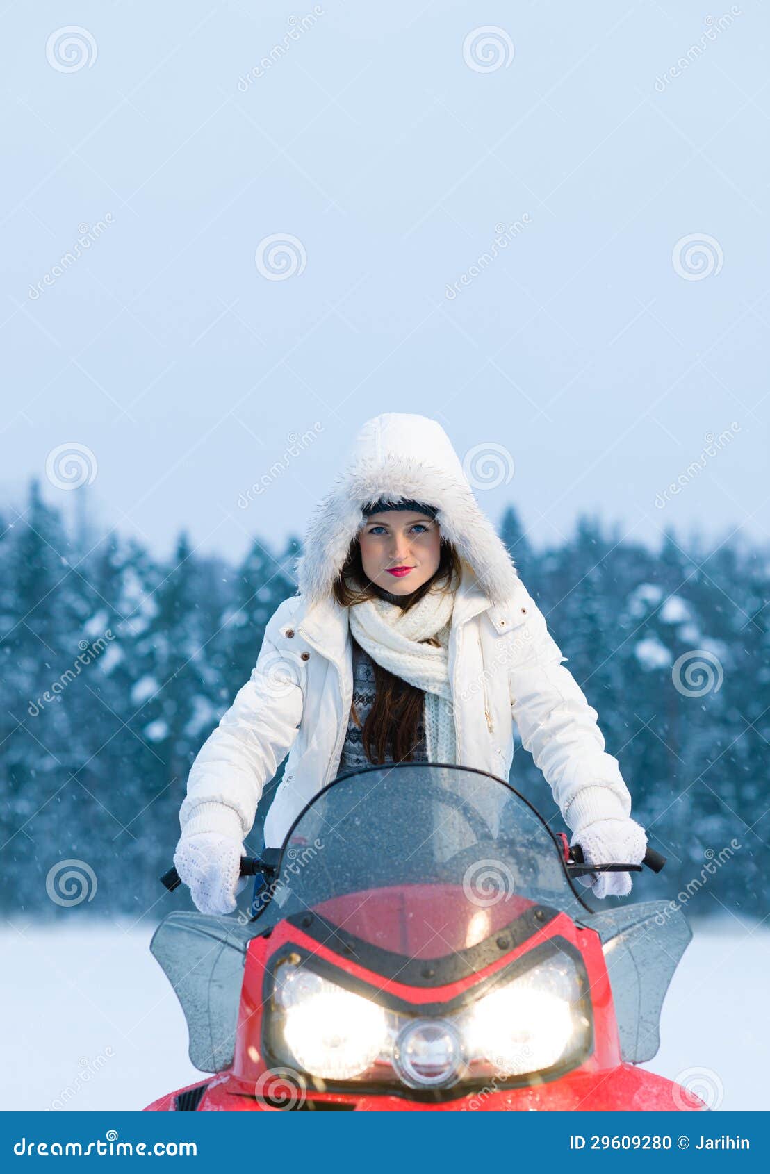 Woman and snowmobile stock photo. Image of leisure, headlights - 29609280