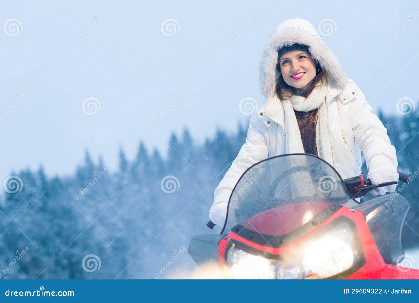 Woman and snowmobile stock photo. Image of attractive - 29609322