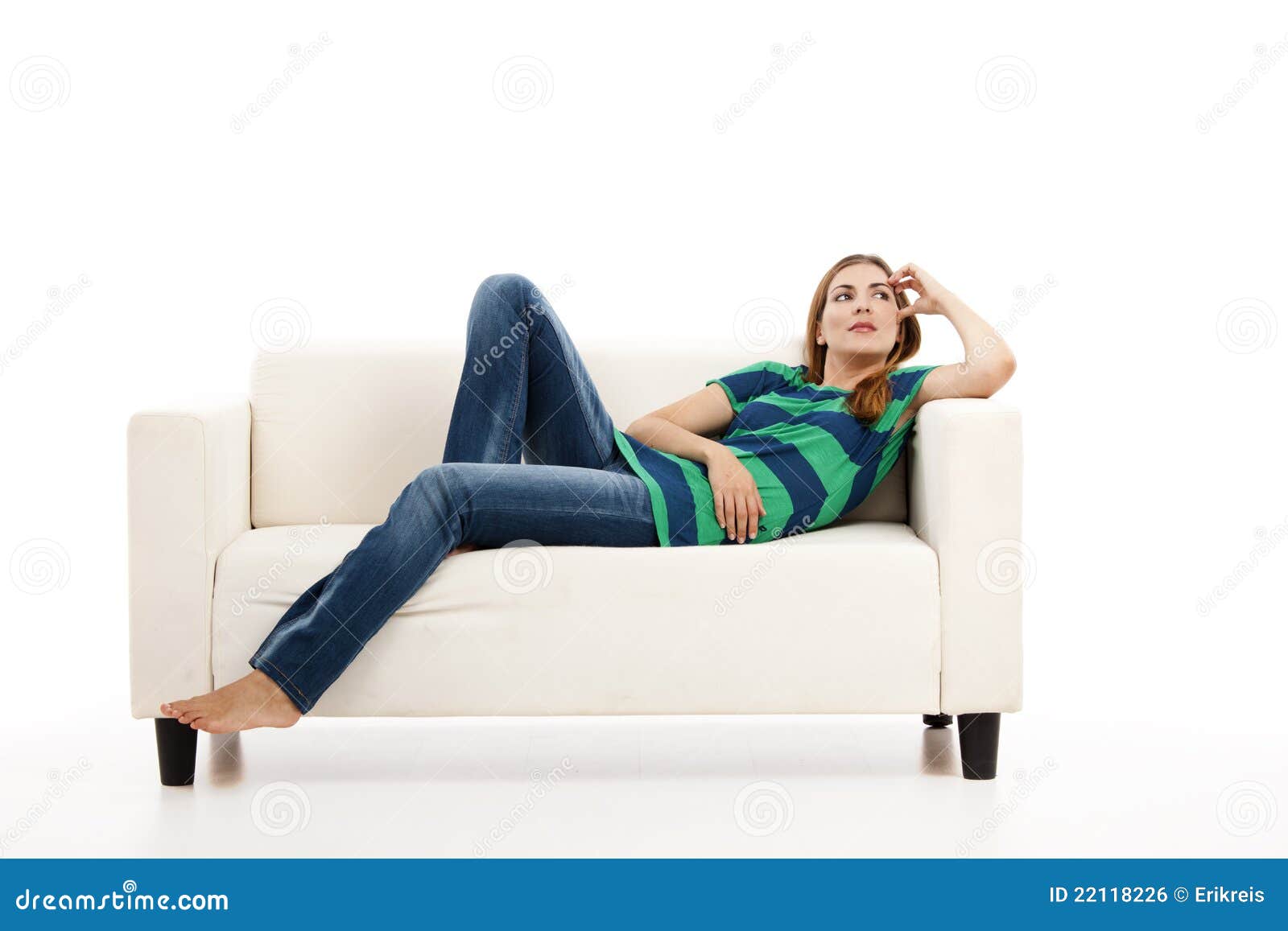 Woman at the sofa thinking stock photo. Image of house - 22118226