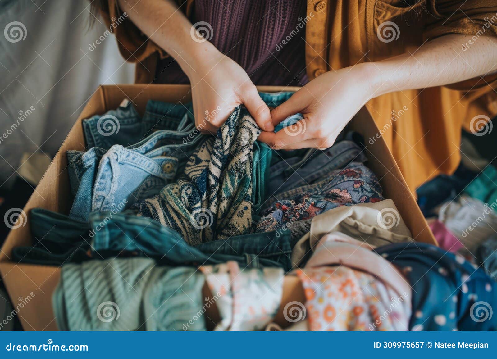 A Woman is Sorting through a Box of Clothes Stock Image - Image of ...