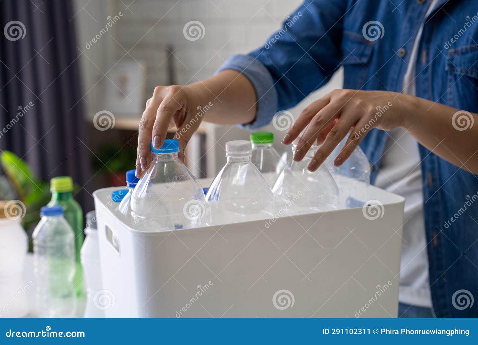 Woman Sorting Recycled Plastic Bottles into Trash Can at Home Stock ...