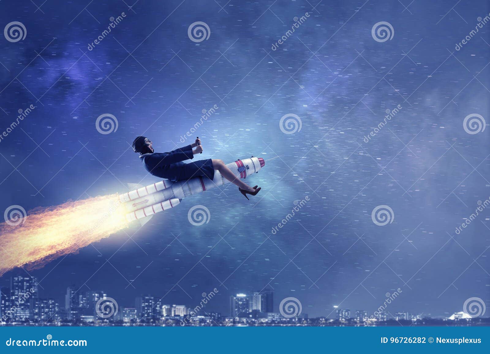 Woman on space rocket stock photo. Image of caucasian - 96726282