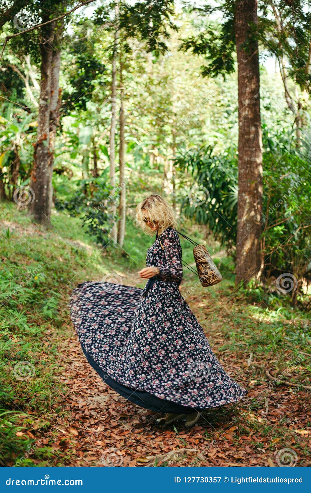 Woman Spinning Around in Dress on Path Stock Image - Image of copyspace ...