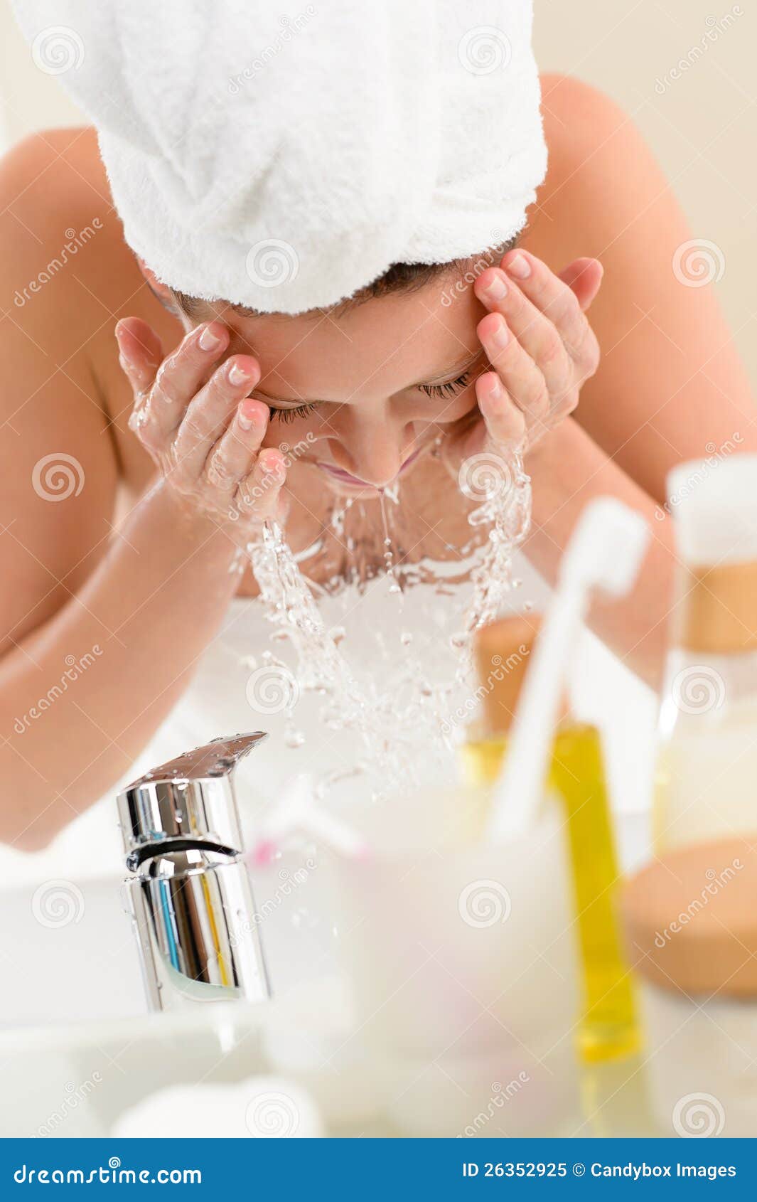 Woman Splashing Water Face in Bathroom Stock Image - Image of care ...