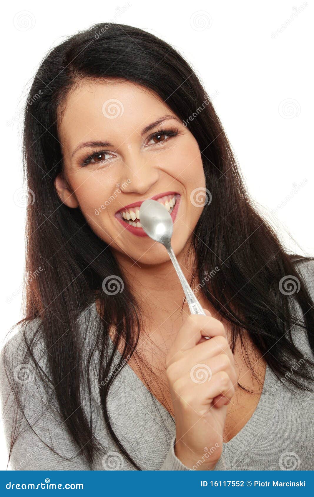 Woman with Spoon in Her Mouth Stock Photo - Image of brunette, adult ...