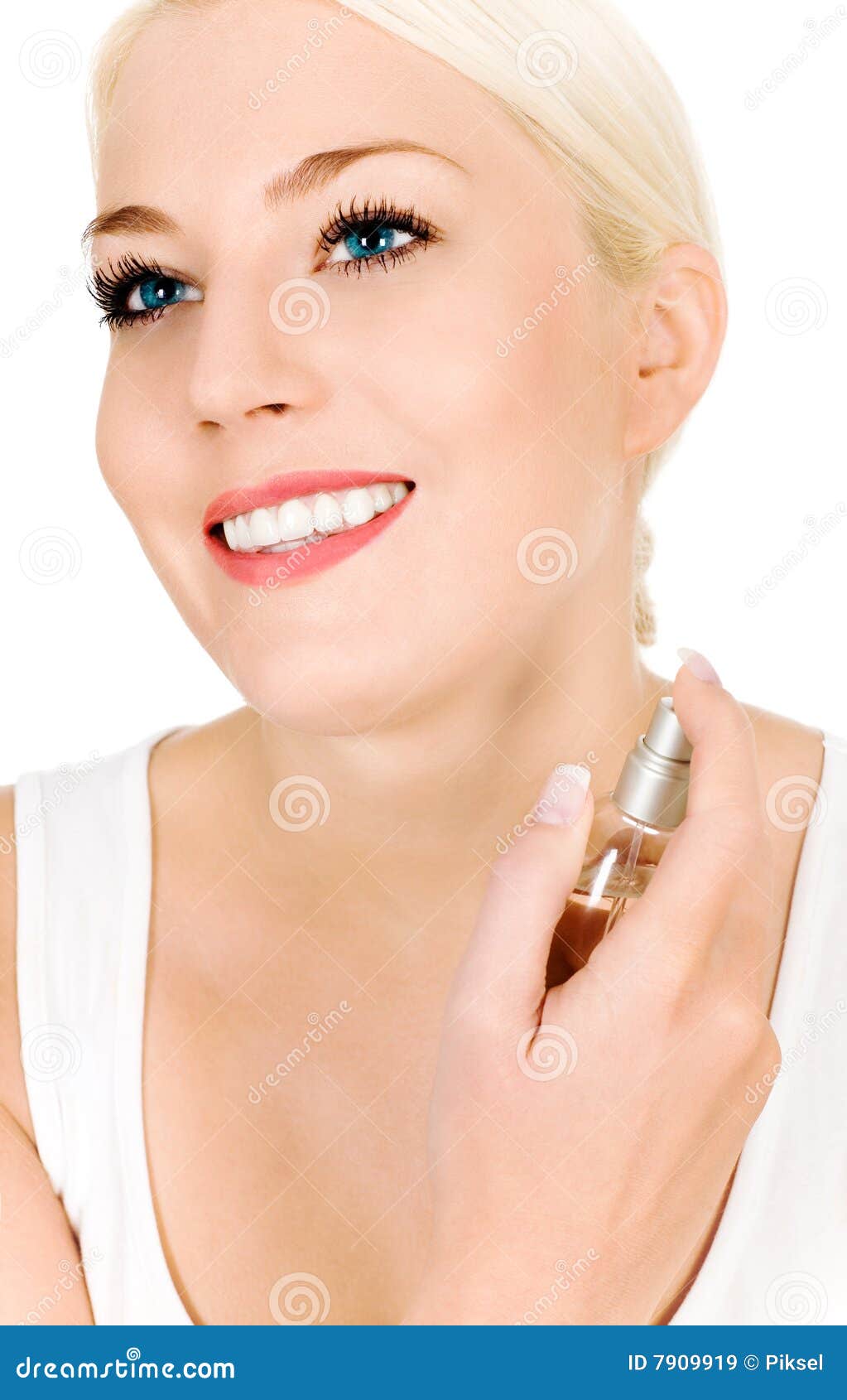 Woman Spraying Perfume on Neck Stock Image - Image of background ...