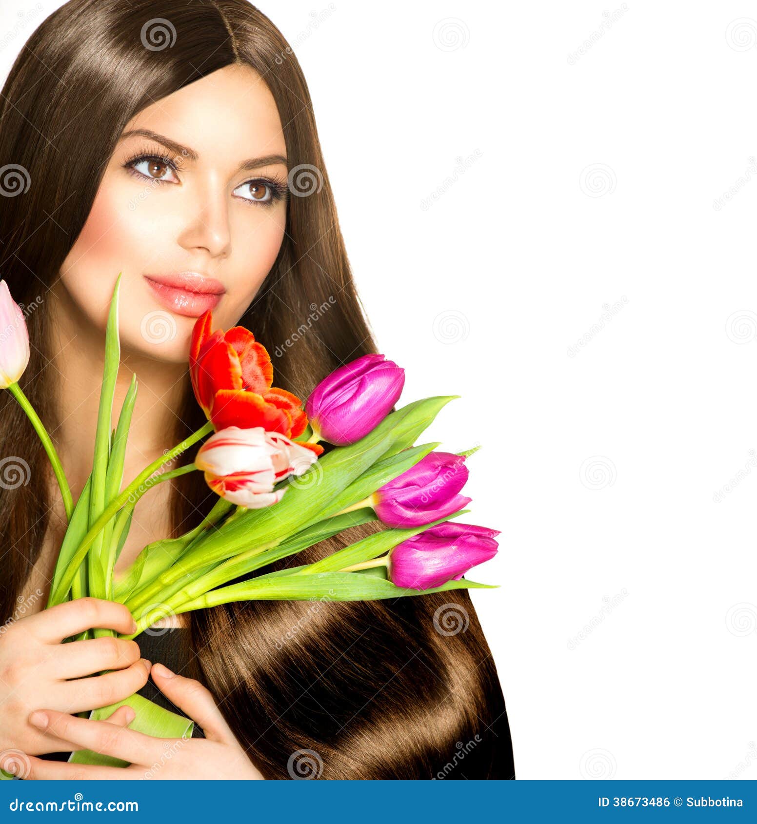 Woman with Spring Flowers. stock photo. Image of long - 38673486