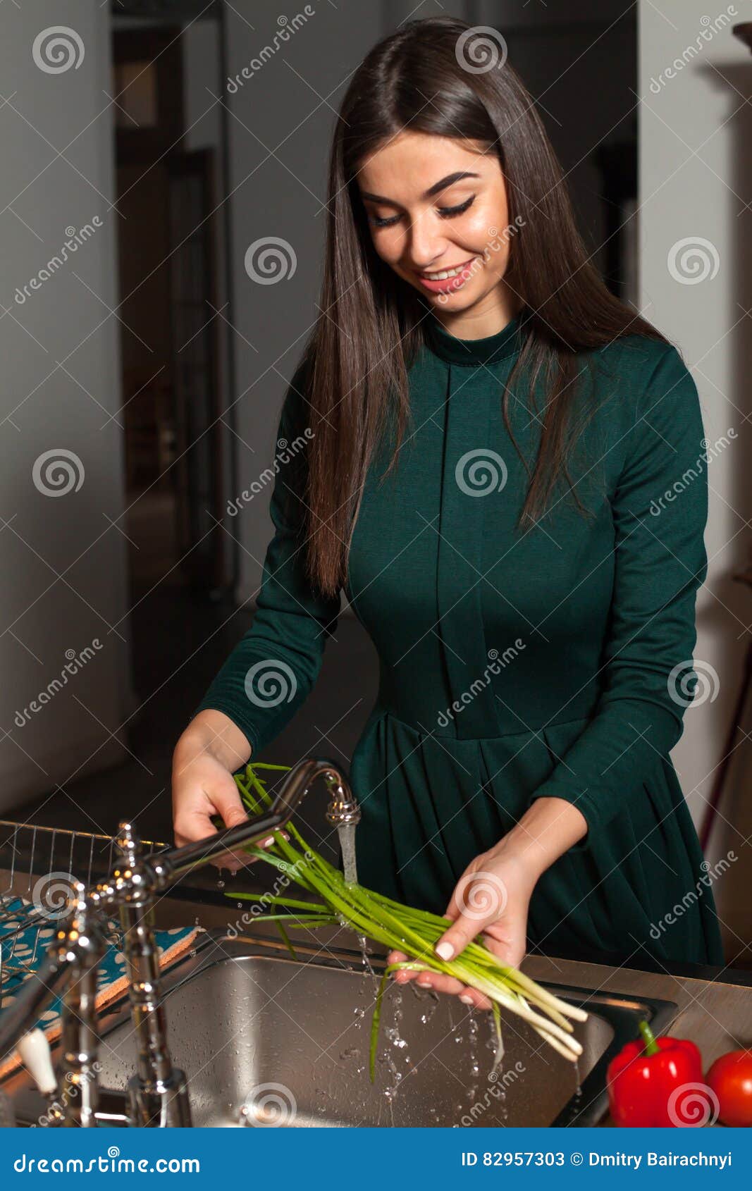 Woman and spring onion stock image. Image of female, smiling - 82957303