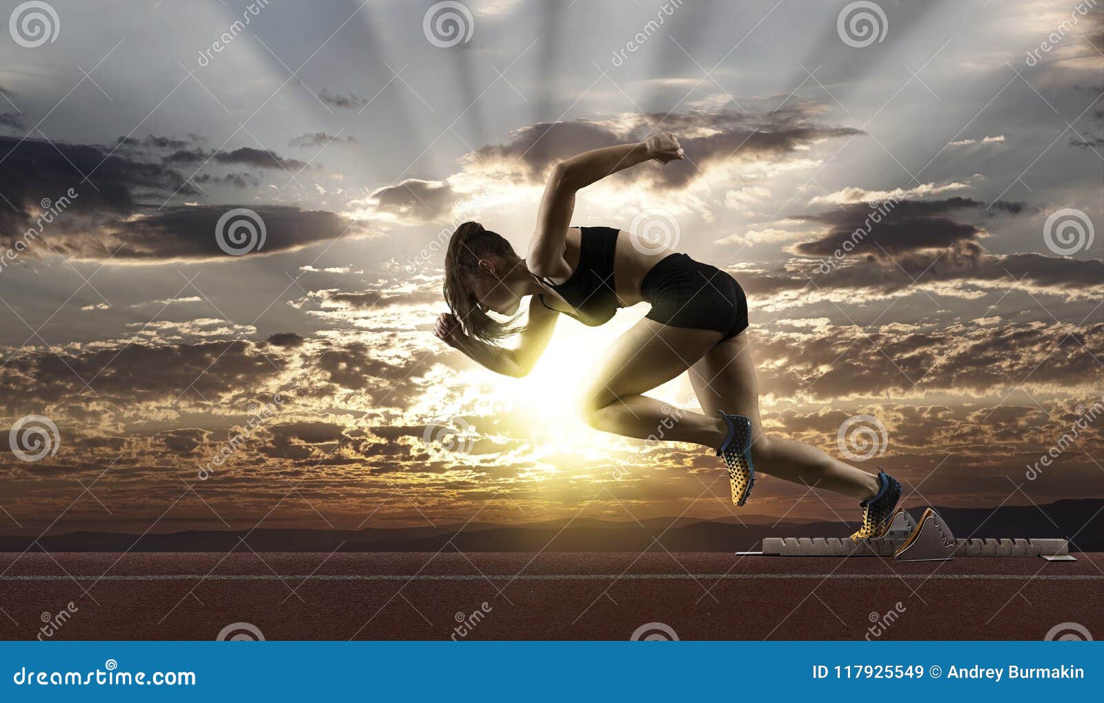 Woman Sprinter Leaving Starting Blocks Stock Image - Image of track ...