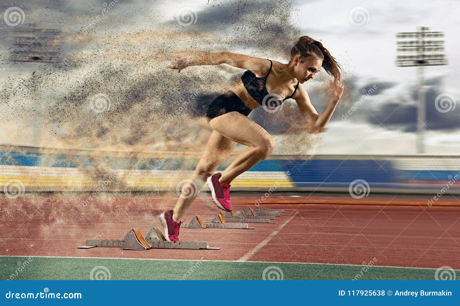 Woman Sprinter Leaving Starting Blocks Stock Photo - Image of exercise ...