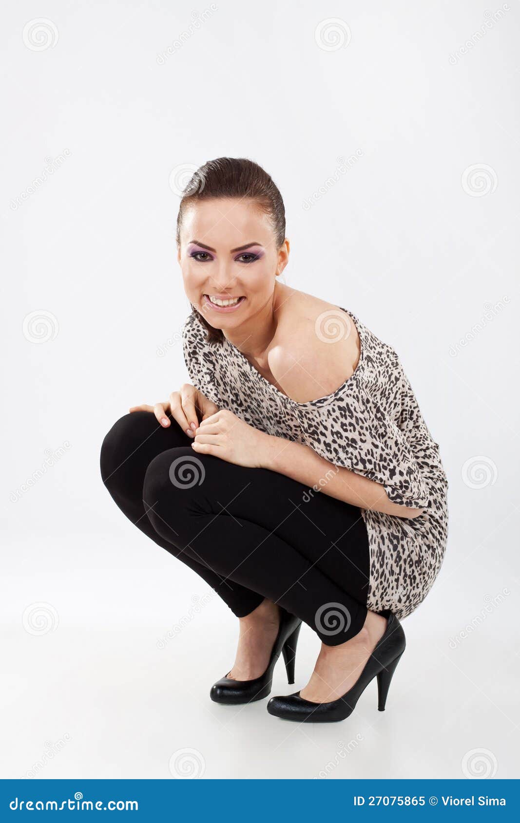 Woman in Squat Position Smiling Stock Image - Image of leaning, fashion ...