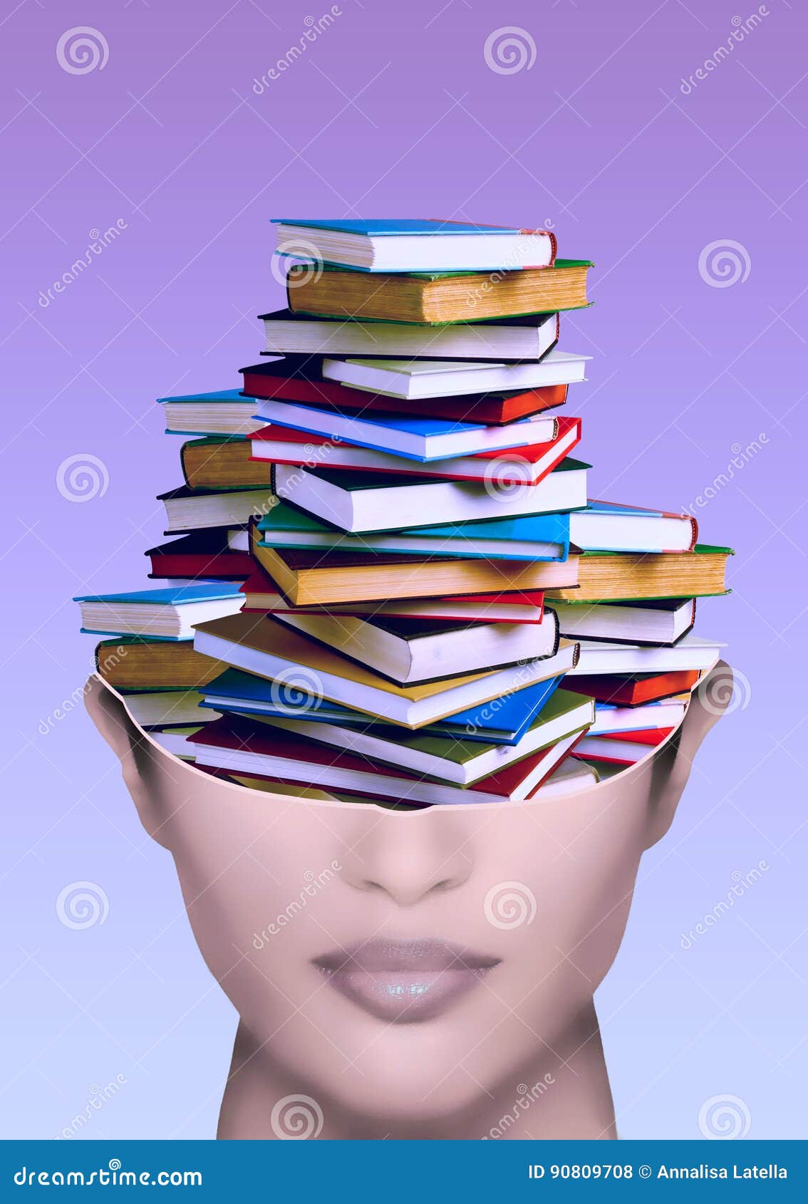 Woman with Stack of Books in the Brain Stock Illustration ...