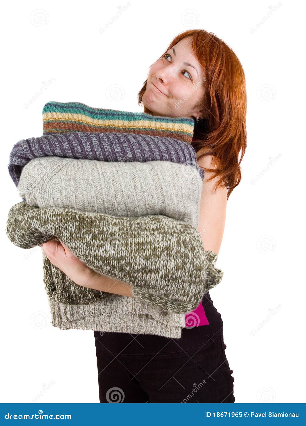 Woman with Stack of Sweaters Stock Image - Image of retail, change ...