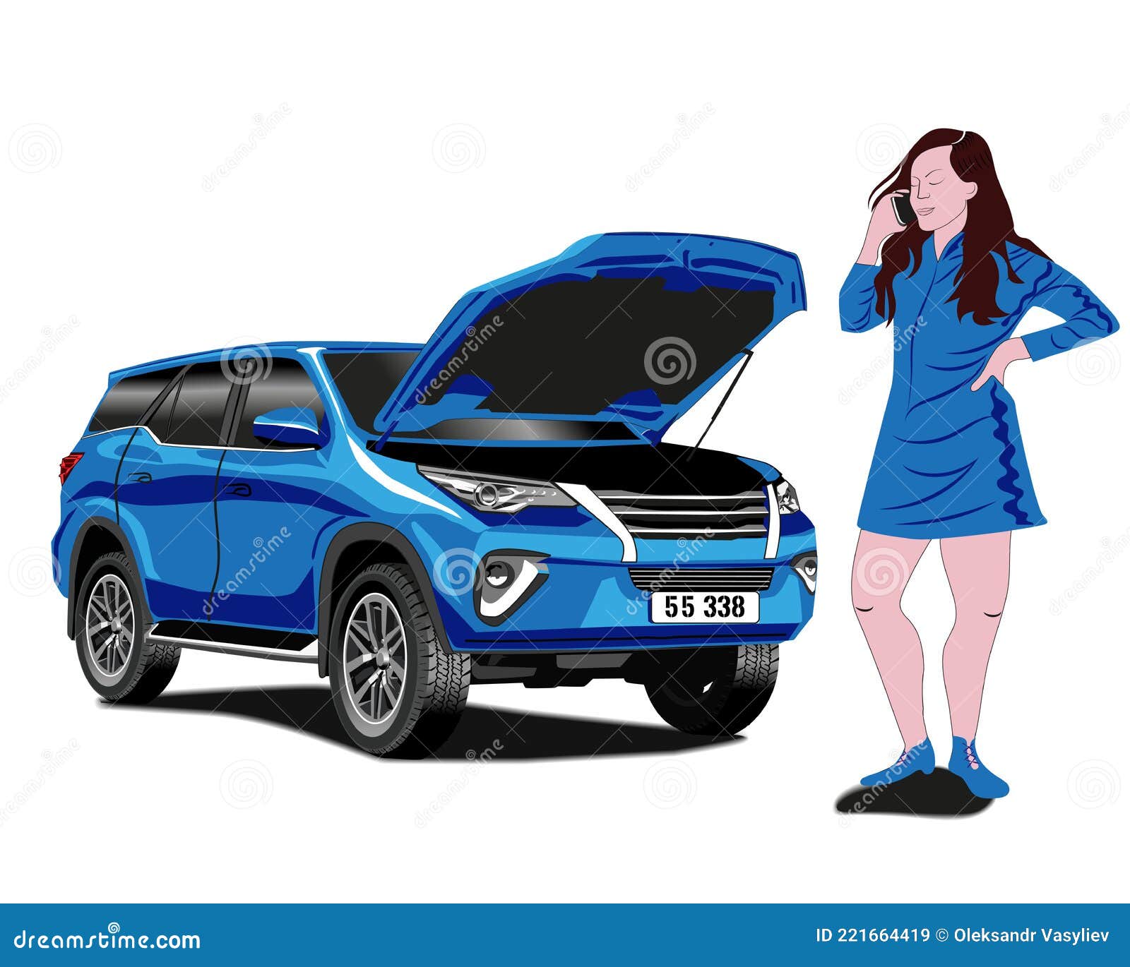 Woman Stand Near Broken Auto. Call for Help. Vector Illustration. Stock ...