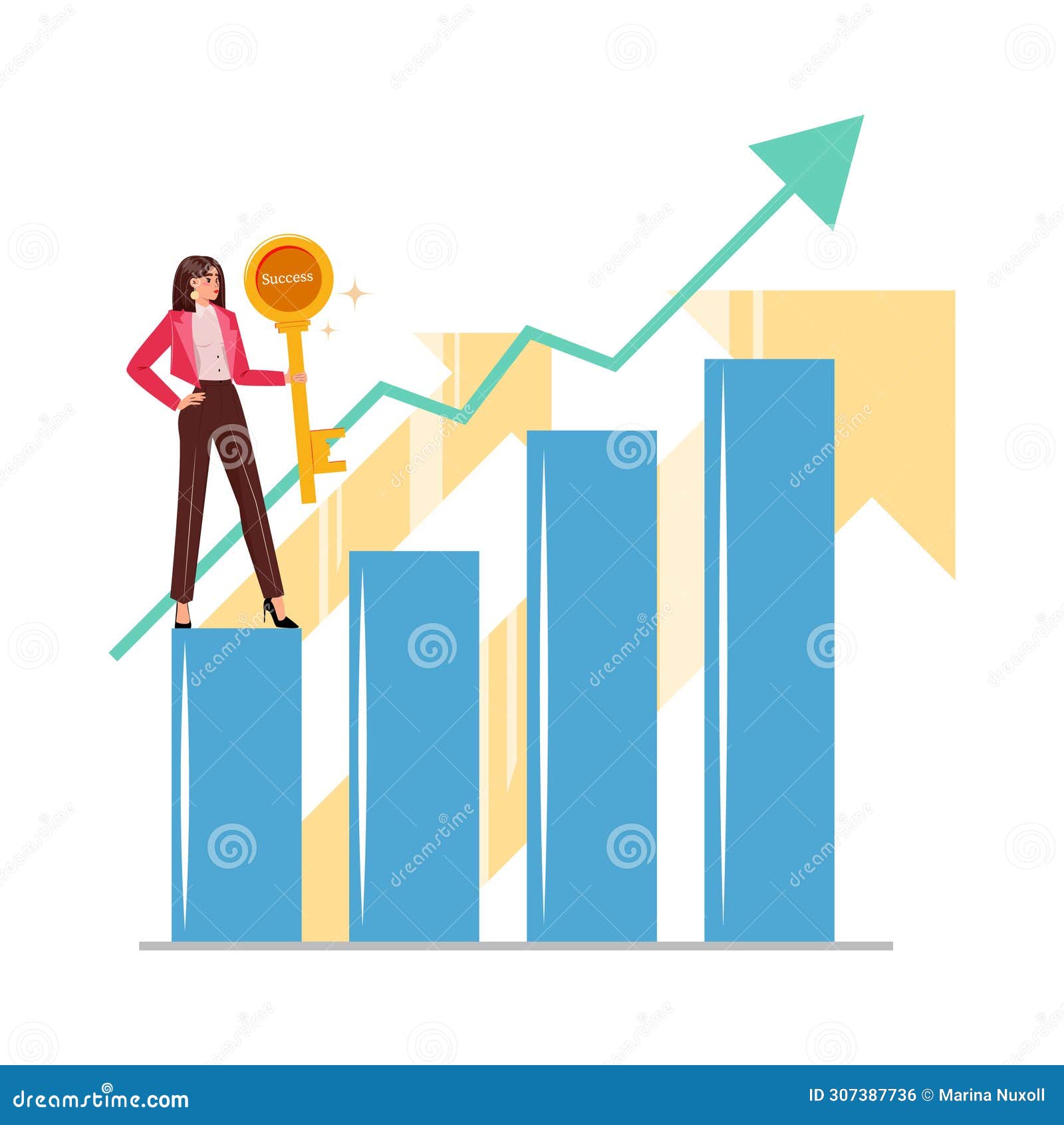 Woman Standing on Blue Chart, Holding a Golden Success Key To Financial ... Woman Standing on Blue Chart, Holding a Golden Success Key To Financial ...