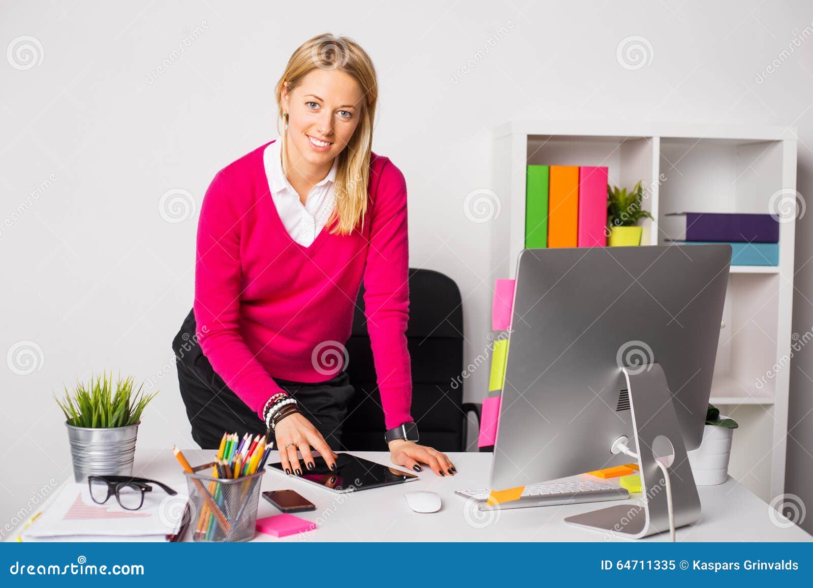Woman Standing in by the Desk in Office Stock Image - Image of cheerful ...