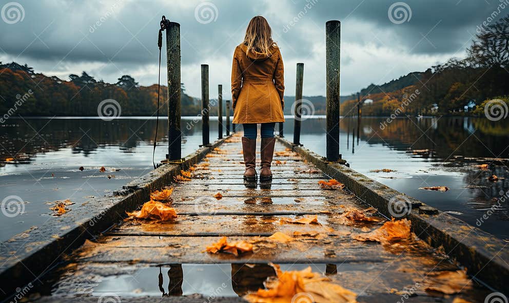 Woman Standing on Dock in Rain Stock Image - Image of inclement, water ...