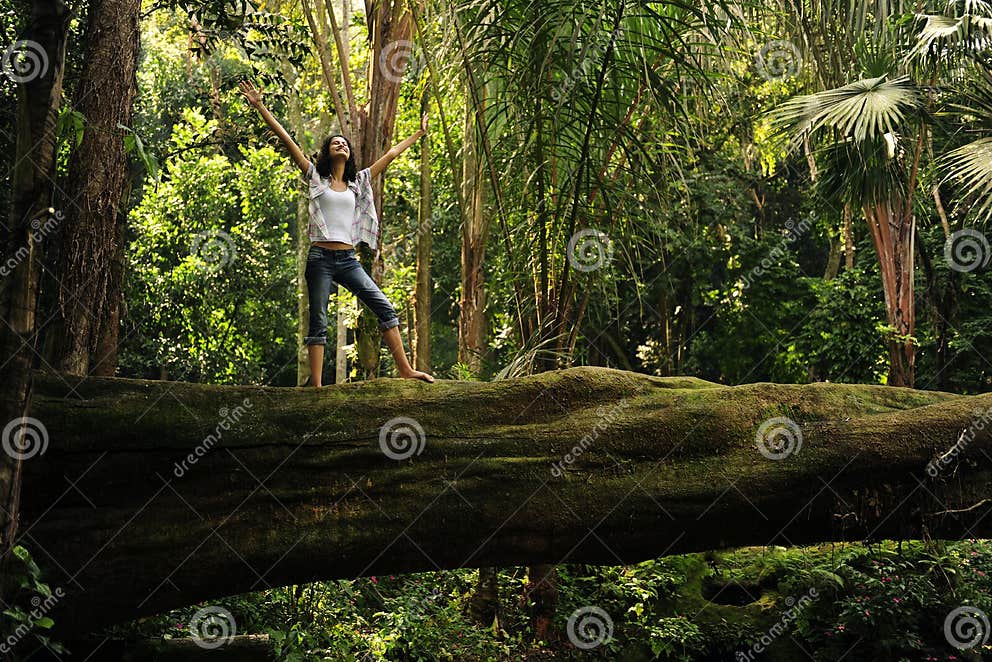 Woman Standing on a Fallen Tree Stock Photo - Image of copy, female ...