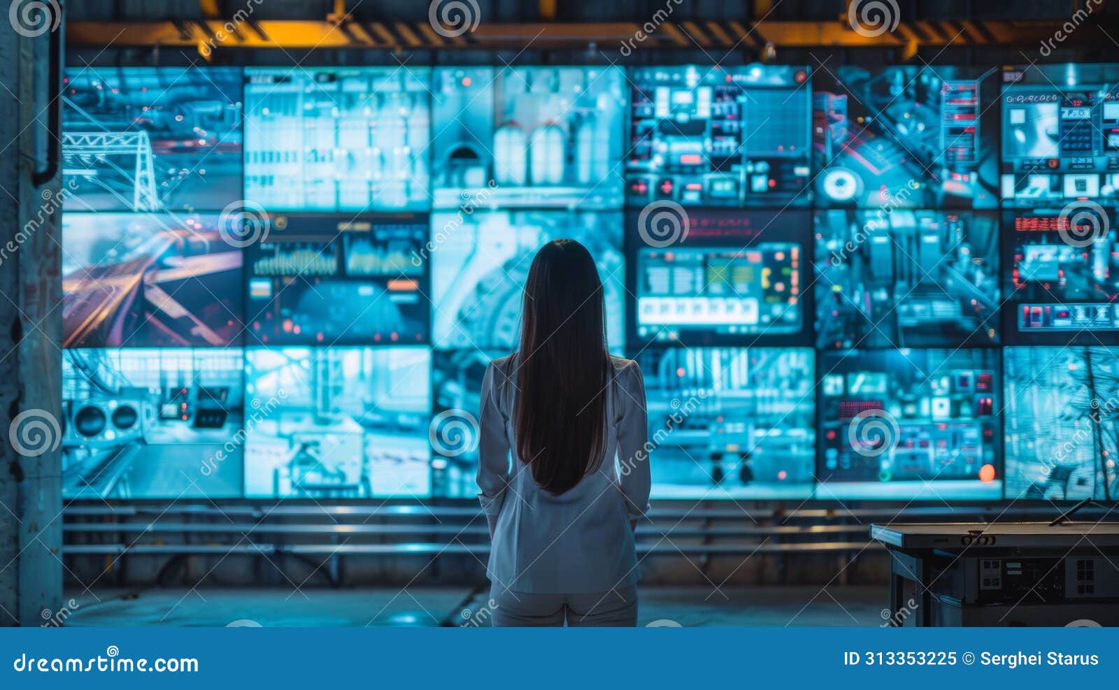 A Woman Standing in Front of a Large Screen with Many Different Screens ...