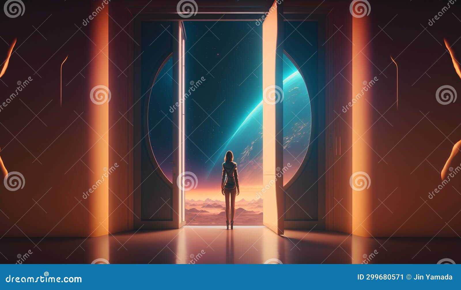 Woman Standing in Front of Open Door. Future Concept Stock Illustration ...