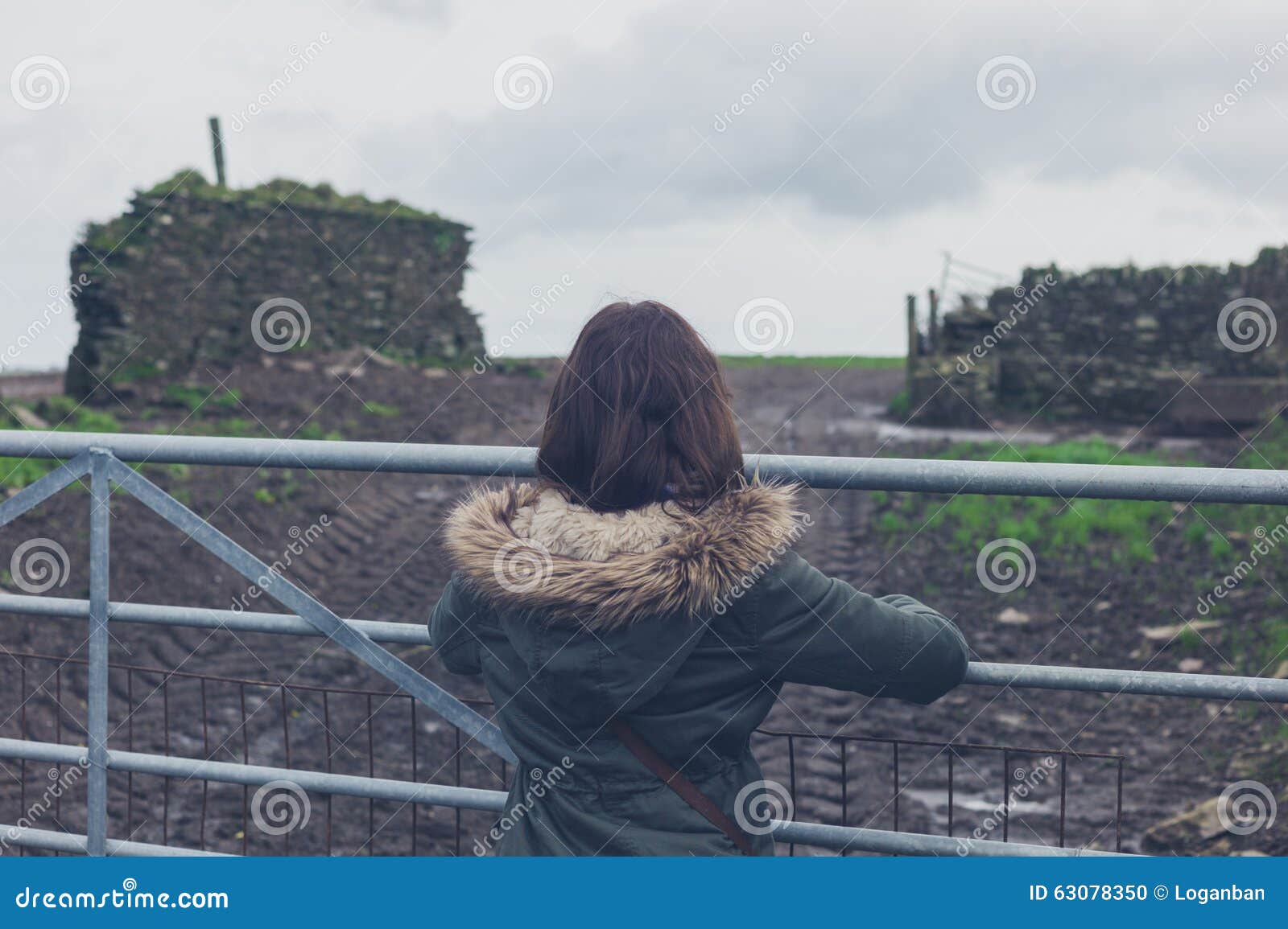 Woman Standing by Gate in Countryside Stock Photo - Image of parka ...