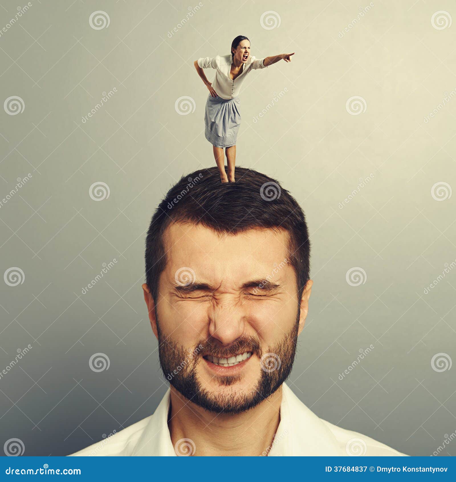 Woman Standing on the Head of Dissatisfied Man Stock Image - Image of ...