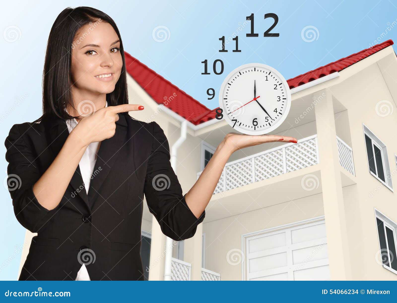 Woman Standing and Holding Clock on Pointing at Stock Photo - Image of ...