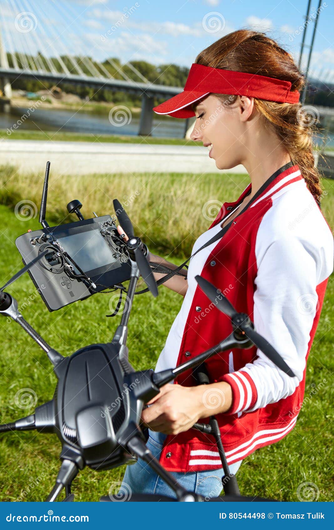Woman is Standing and Holding Drone Stock Photo - Image of flight ...