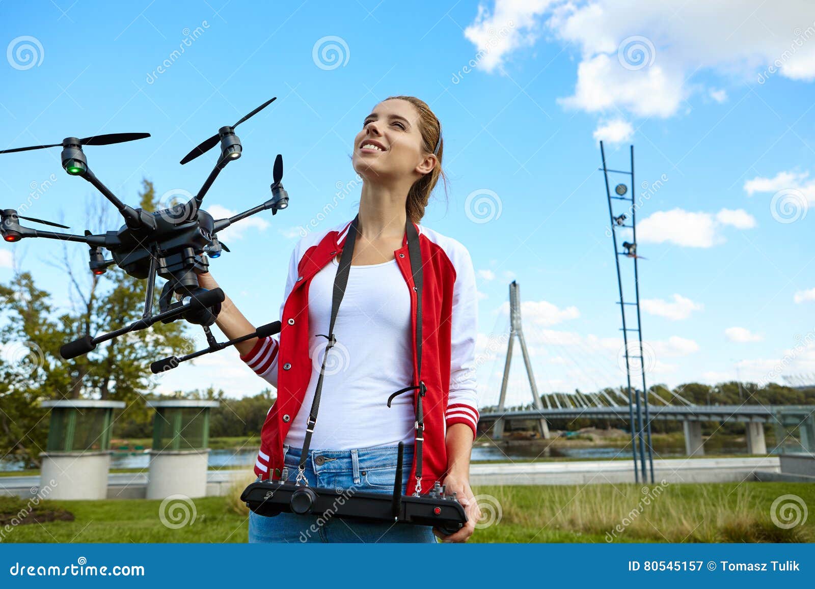 Woman is Standing and Holding Drone Stock Image - Image of flight ...