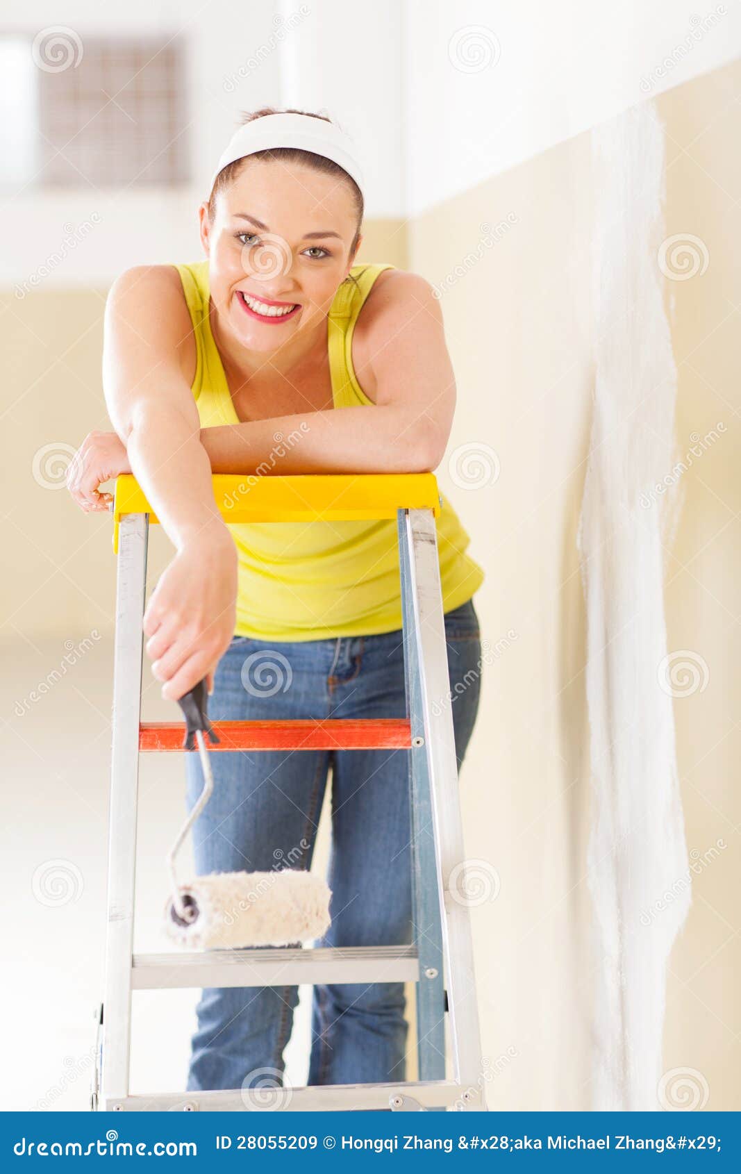 Woman standing on ladder stock image. Image of caucasian - 28055209