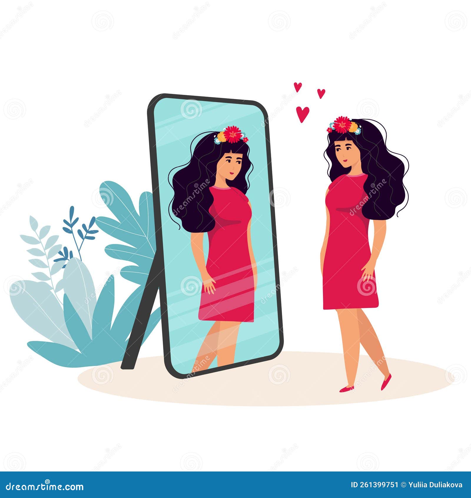 Woman Standing and Looking in Mirror. Flat Style Vector Illustration ...