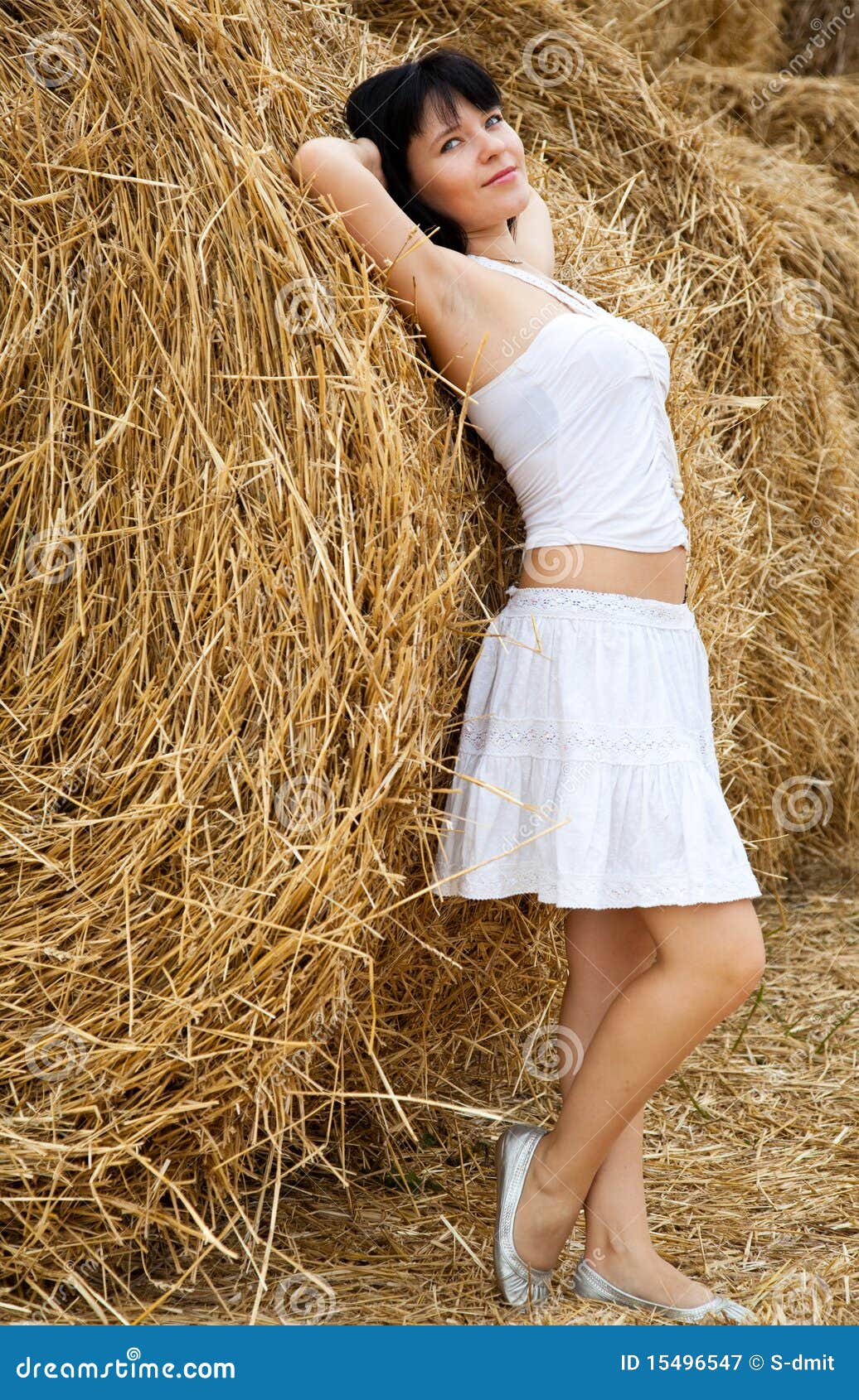 Woman is Standing Near a Straw Stock Image - Image of joyful, meadow ...