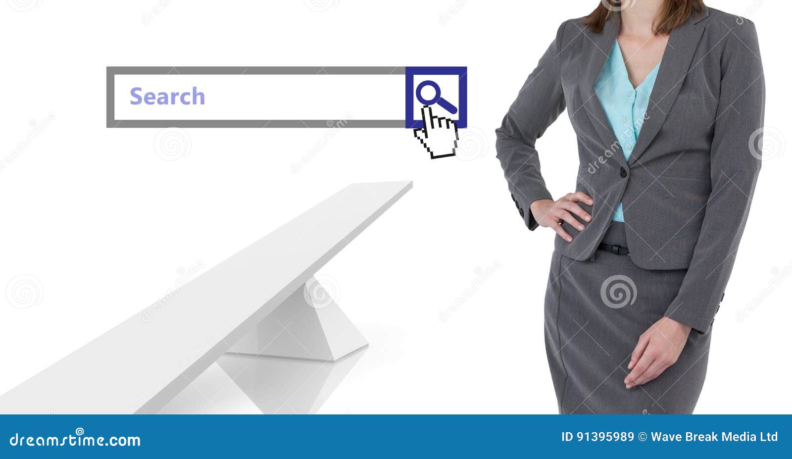 Woman Standing Next To Search Bar with White Abstract Structures ...