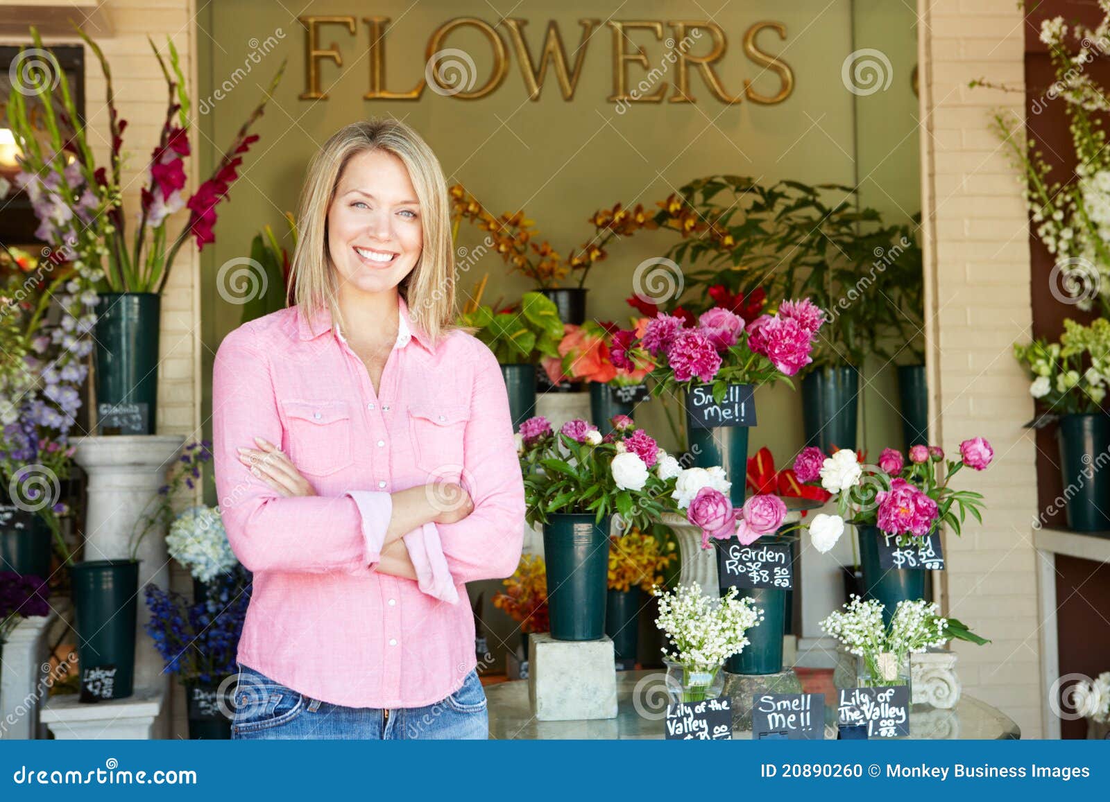 Woman Standing Outside Florist Stock Photo - Image of shop, flower ...