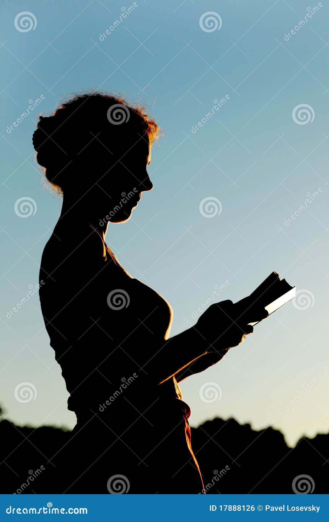 Woman Standing and Reading Book, Trees, Side View Stock Photo - Image ...