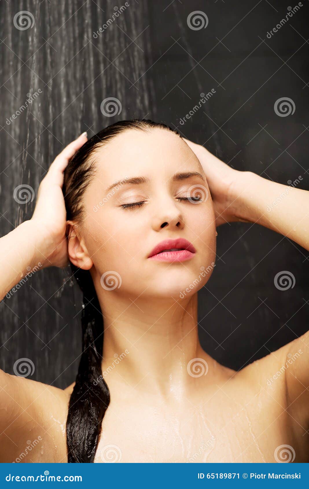 Woman Standing at the Shower. Stock Image - Image of bathroom, hygiene ...