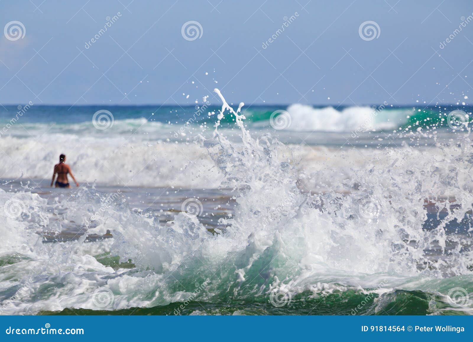 Woman Standing in the Surf of the Sea with Big Waves Stock Photo ...