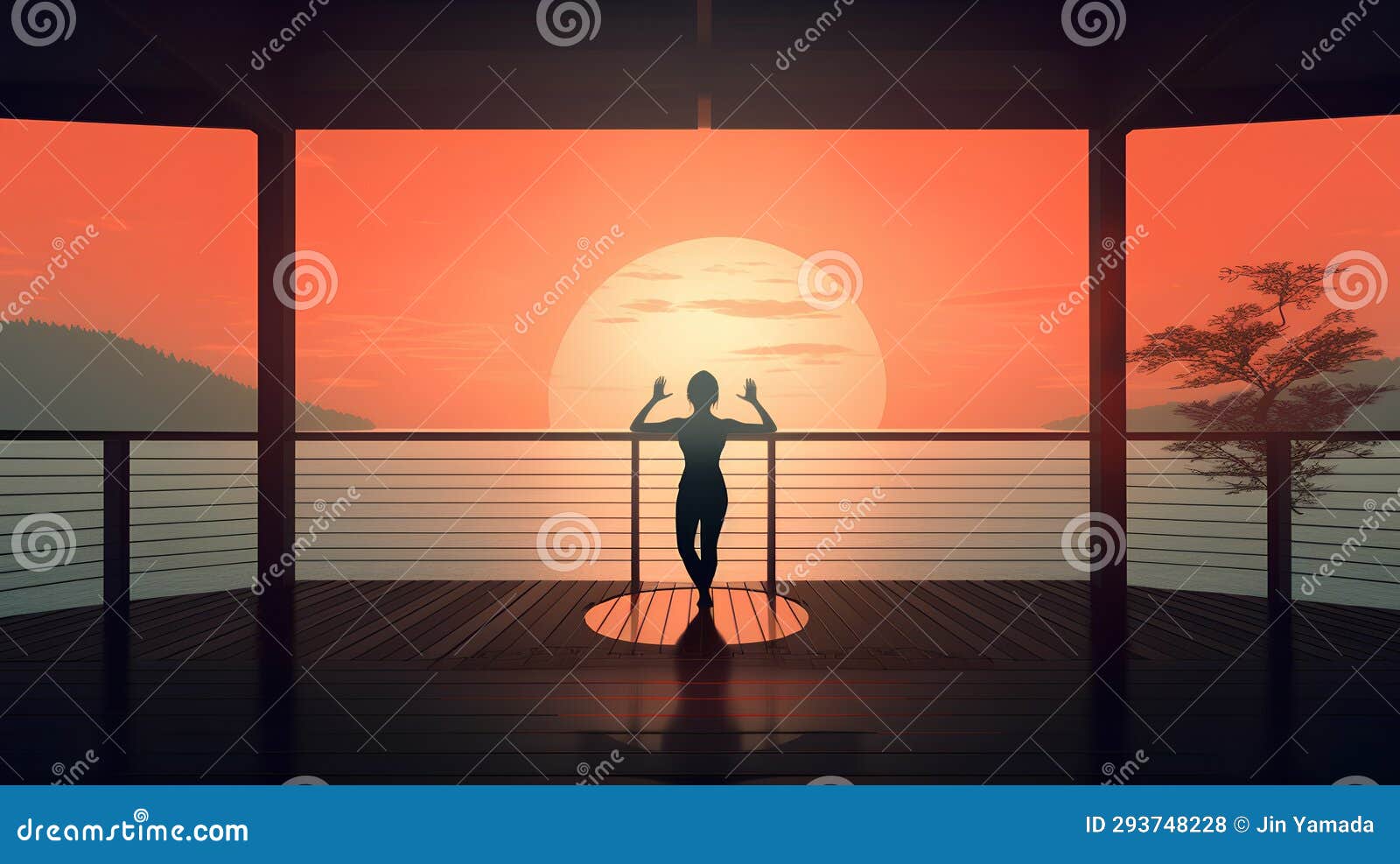 Woman Standing on the Terrace and Looking at the Sunset. Vector Stock ...
