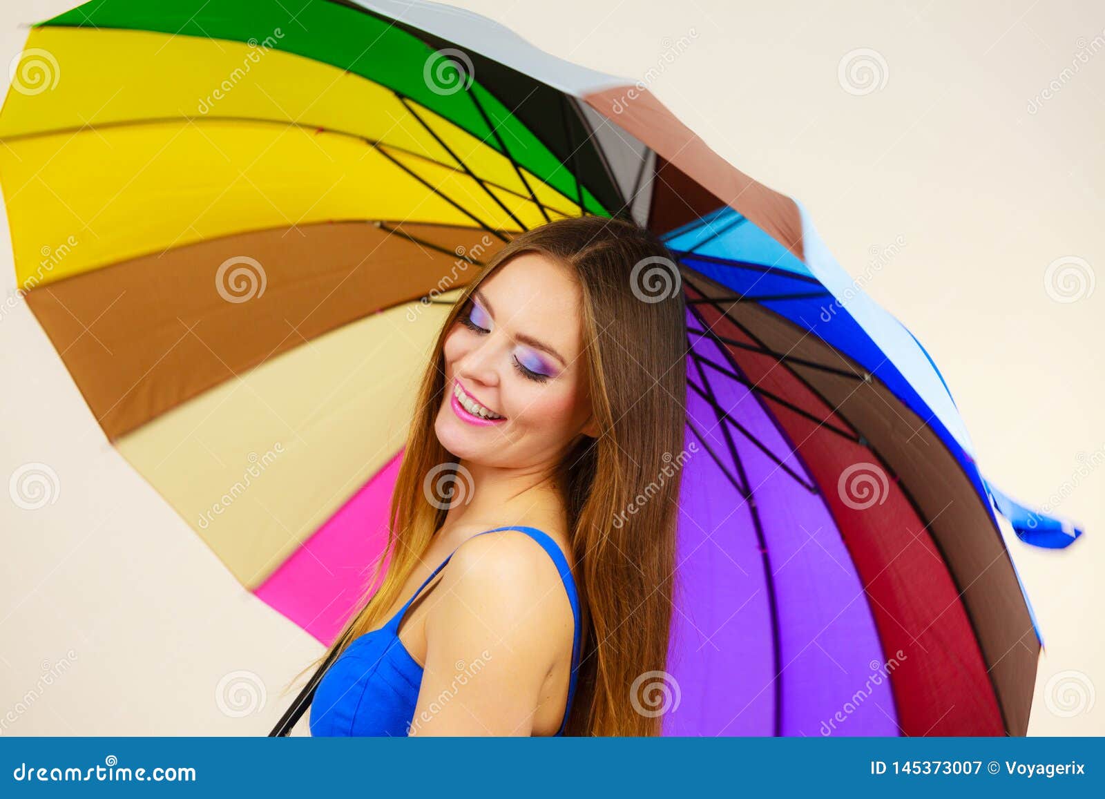 Woman Standing Under Colorful Rainbow Umbrella Stock Image Image Of