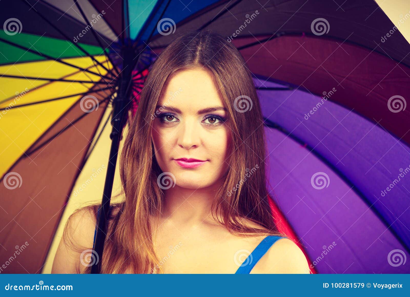 Woman Standing Under Colorful Rainbow Umbrella Stock Image Image Of