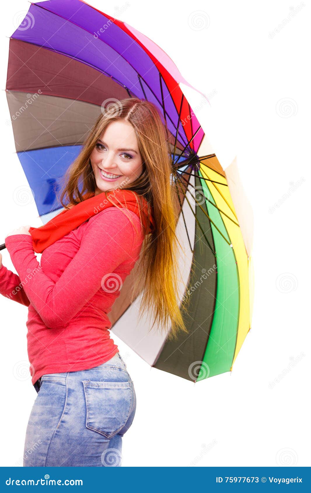 Woman Standing Under Multicolored Umbrella Stock Image Image Of