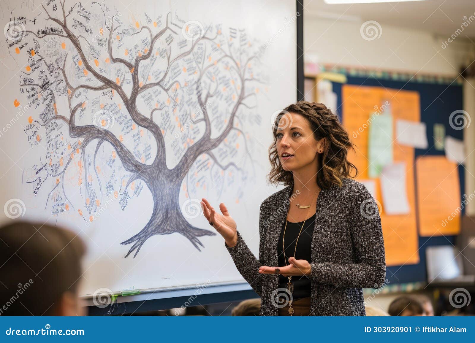 A Woman Stands Confidently in Front of a Whiteboard Featuring a Tree ...