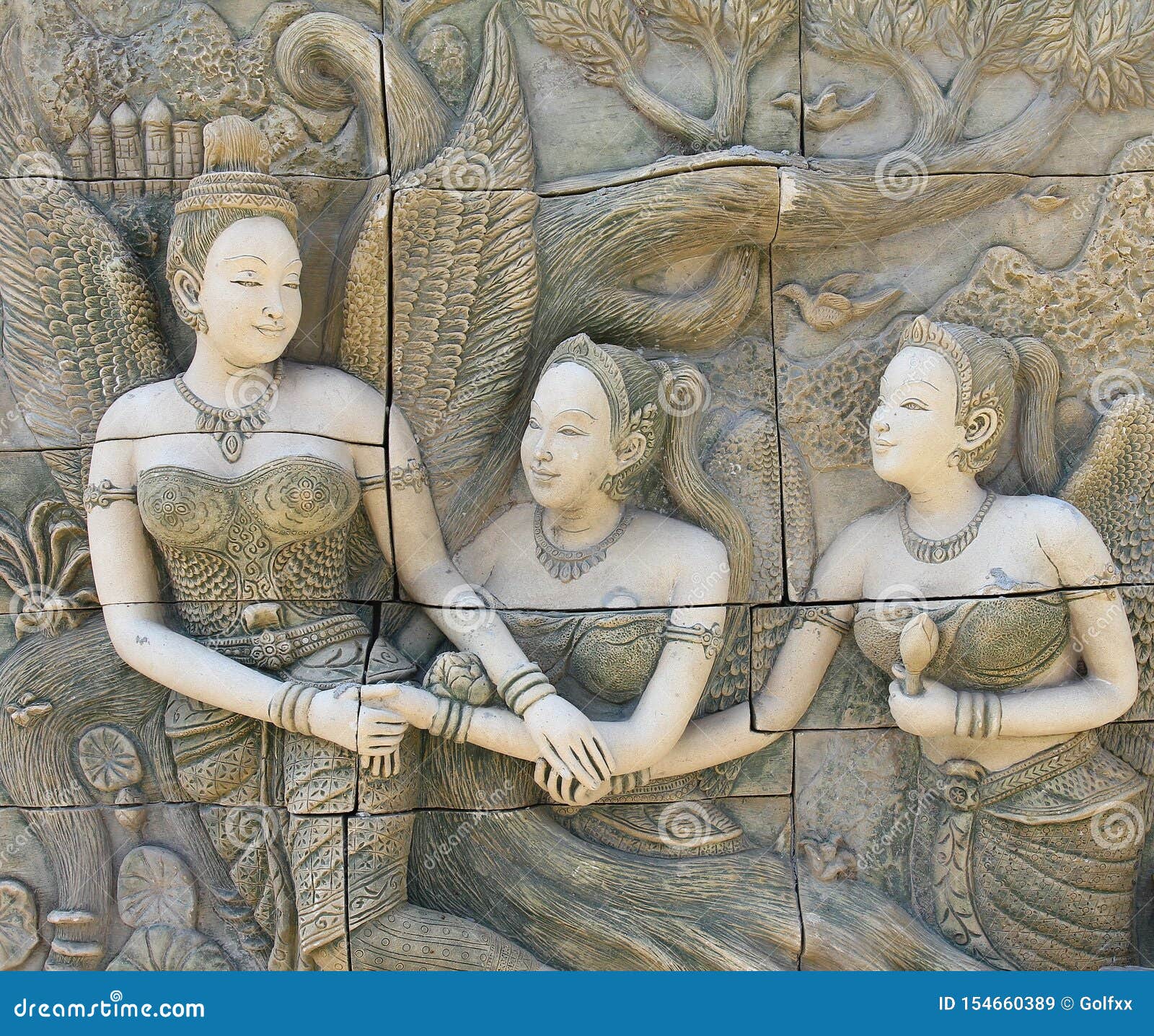 Statue Of Thai Buddha With Archer And Two Praying Monks Royalty-Free ...