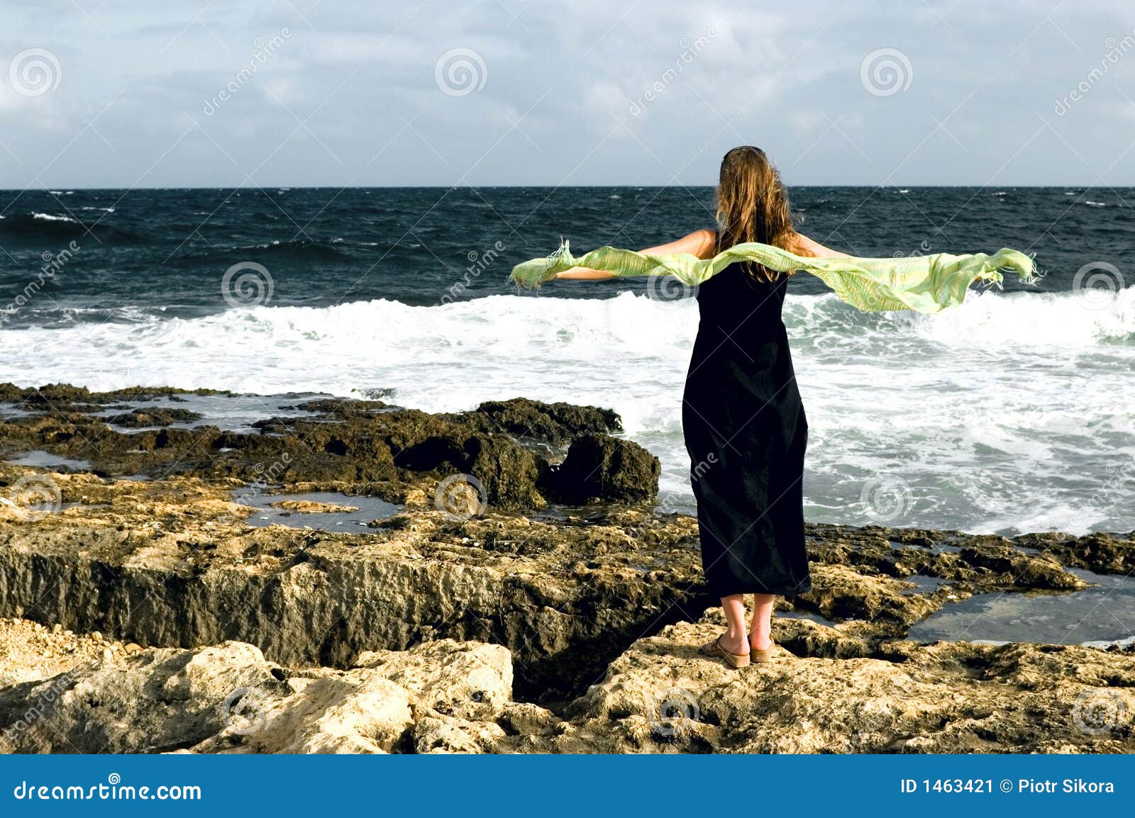 Woman Staying at the Seashore , Windy Day Stock Image - Image of ...