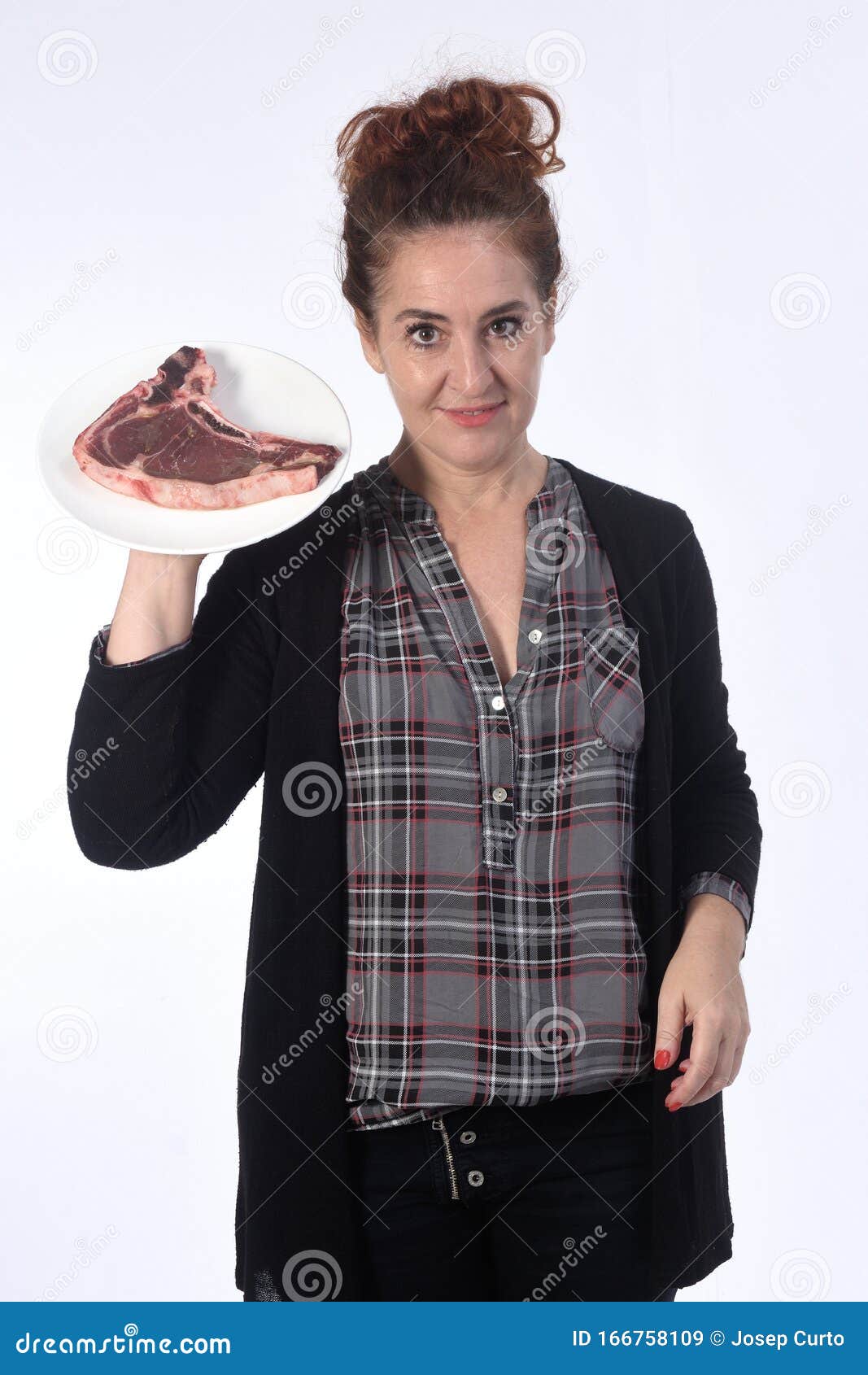 Woman with Steak Raw on White Background Stock Image - Image of adult ...
