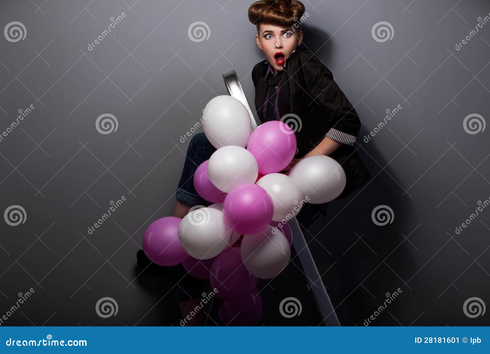 Woman on Step Ladder with Air Balloons Having Fun Stock Image - Image ...