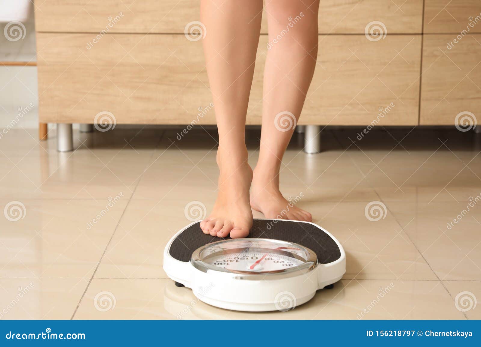 Woman Stepping on Floor Scales in Bathroom Stock Image - Image of human ...