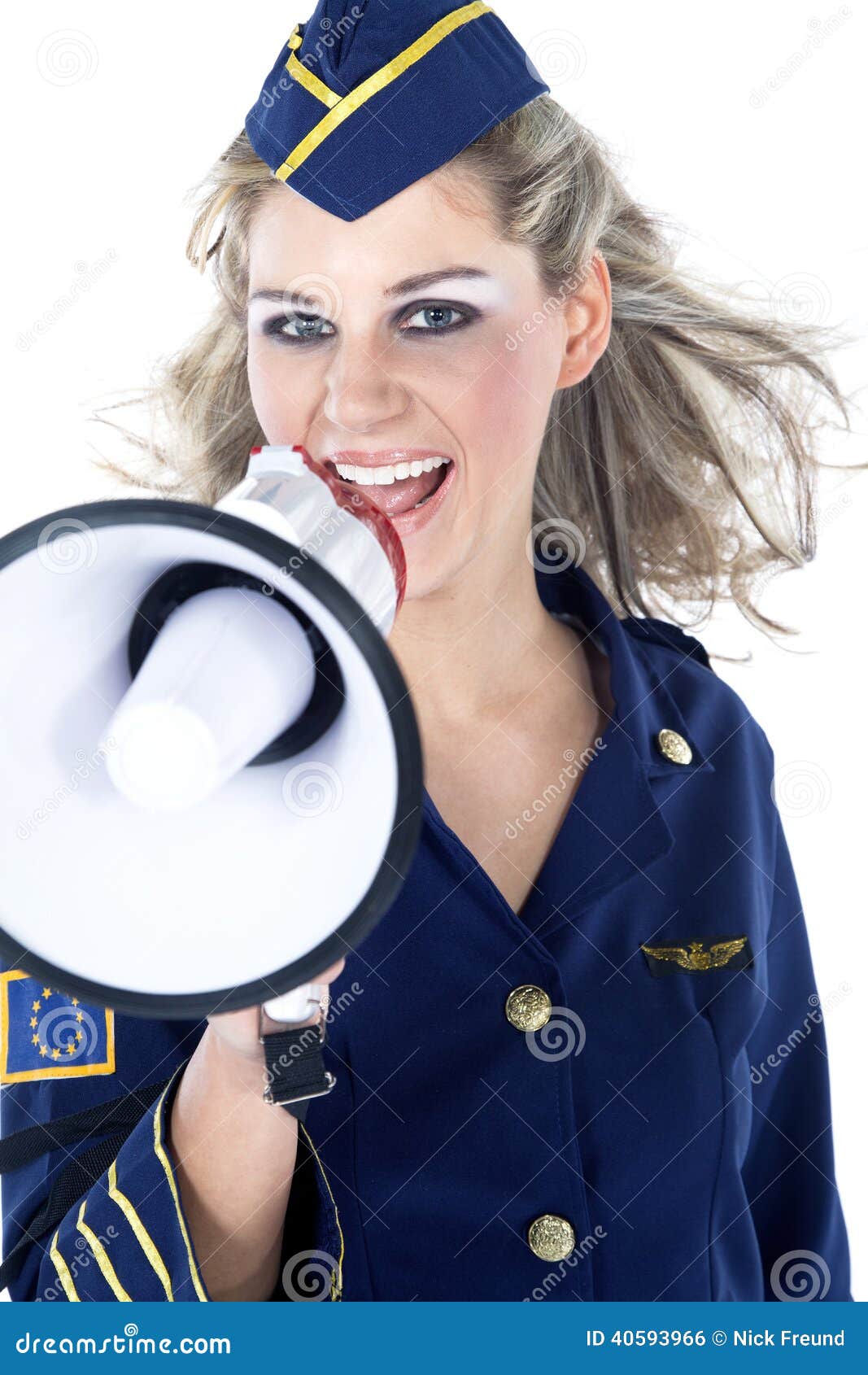 Woman Stewardess with Megaphone Stock Photo - Image of blank, happiness ...